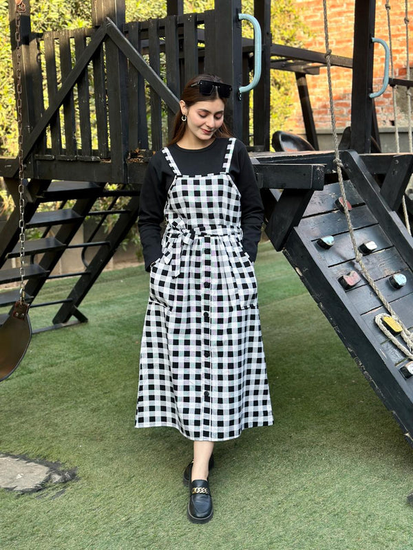 Black shirt Black White Cheque Stripped Square Belted Dress – Glam Closet